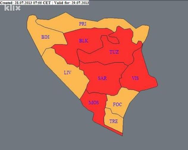 Crveni meteo alarm u većem dijelu BiH: Temperature više od 40 stepeni Crveni meteo alarm u većem dijelu BiH: Temperature više od 40 stepeni