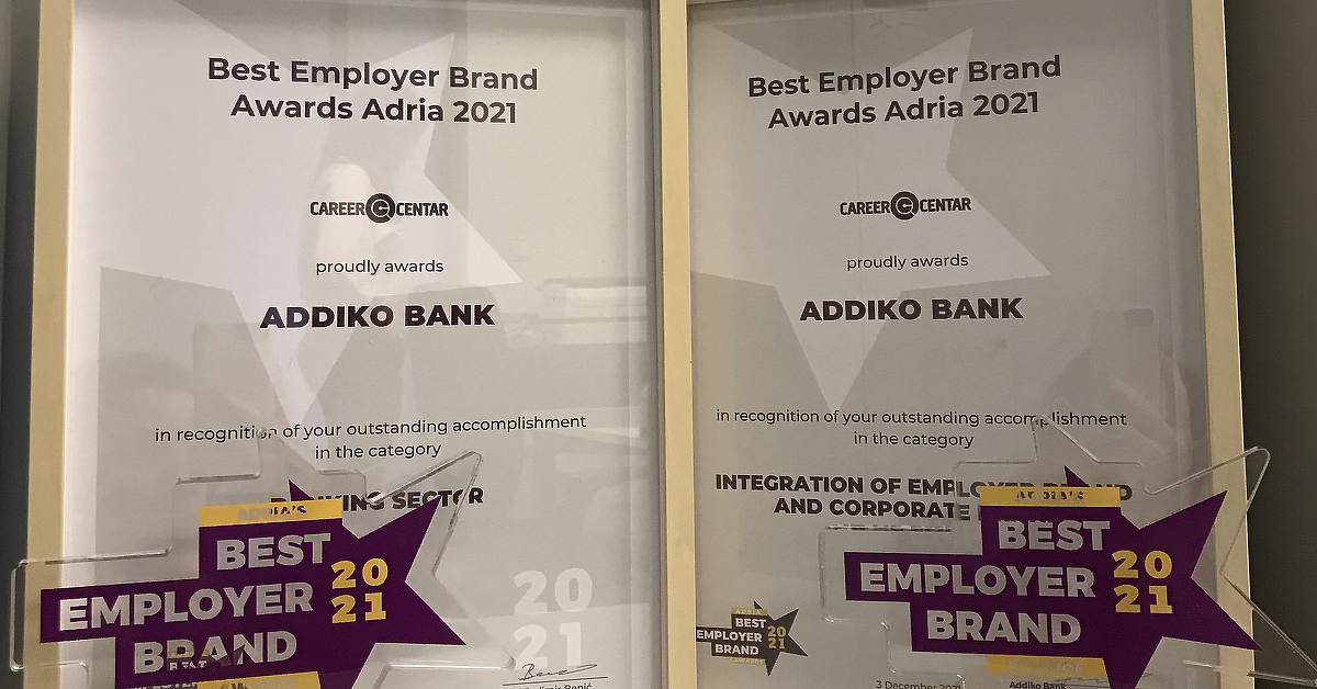 Addiko banka osvojila dvije Best Employer Brand Awards Adria 2021 nagrade