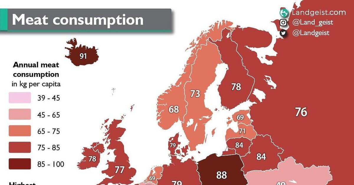 Mapa Evrope koja prikazuje konzumaciju mesa po državama, podaci za BiH ...