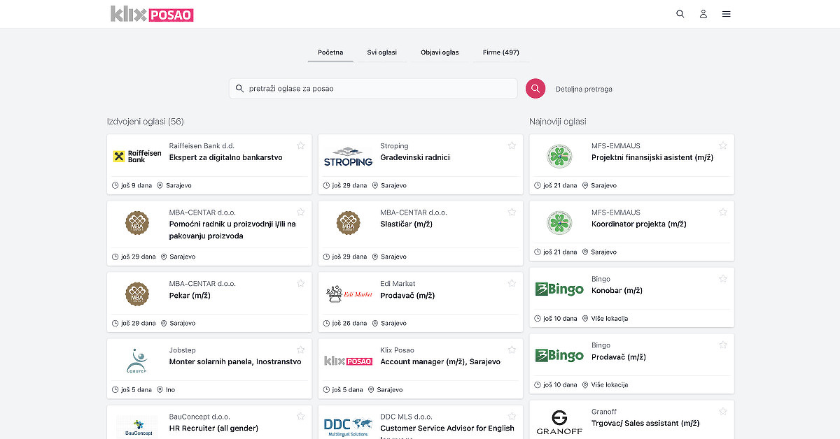 Na platformi Klix Posao za dva mjeseca objavljeno preko 1.000 oglasa